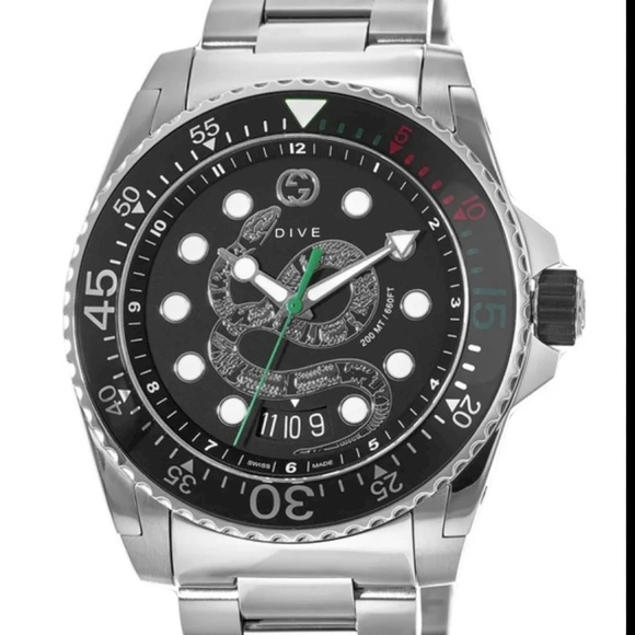 Gucci | Accessories | Gucci Dive 45mm Black Snake Dial Steel Mens Watch ...